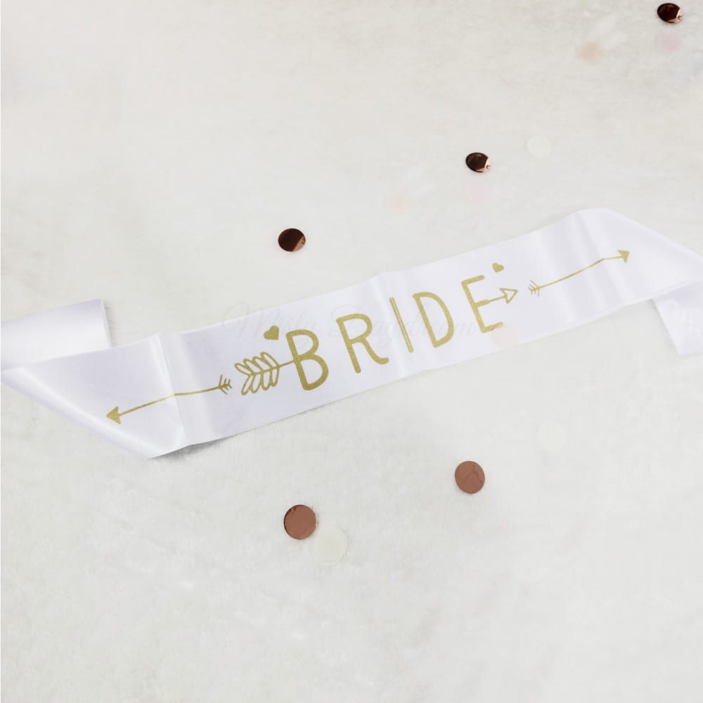 BRIDE gold lettering on white sash