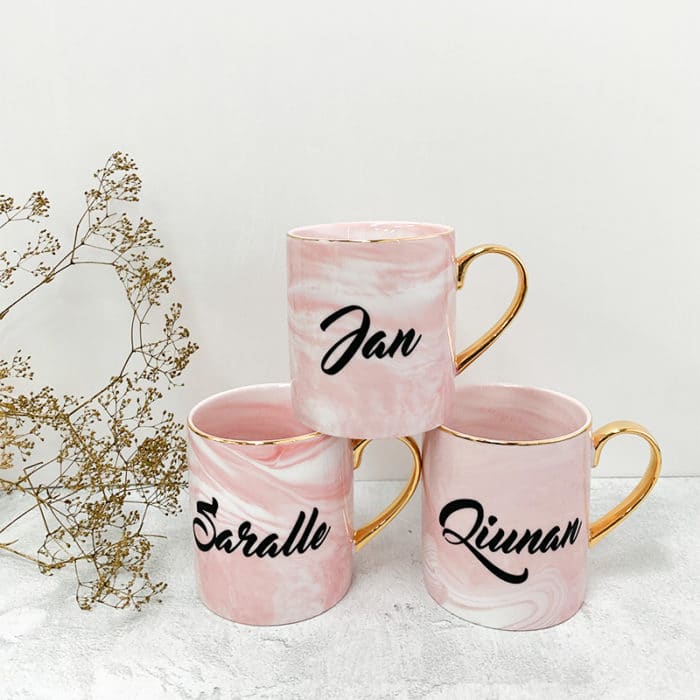 [Personalised Name/ Plain] Pink Marble Mug with Lid Cover + Gold Spoon