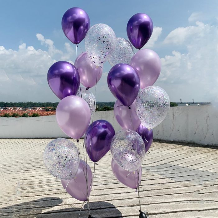 [Helium Inflated Balloons] – Chrome, Confetti & Pearl Cascading Balloons Bouquet