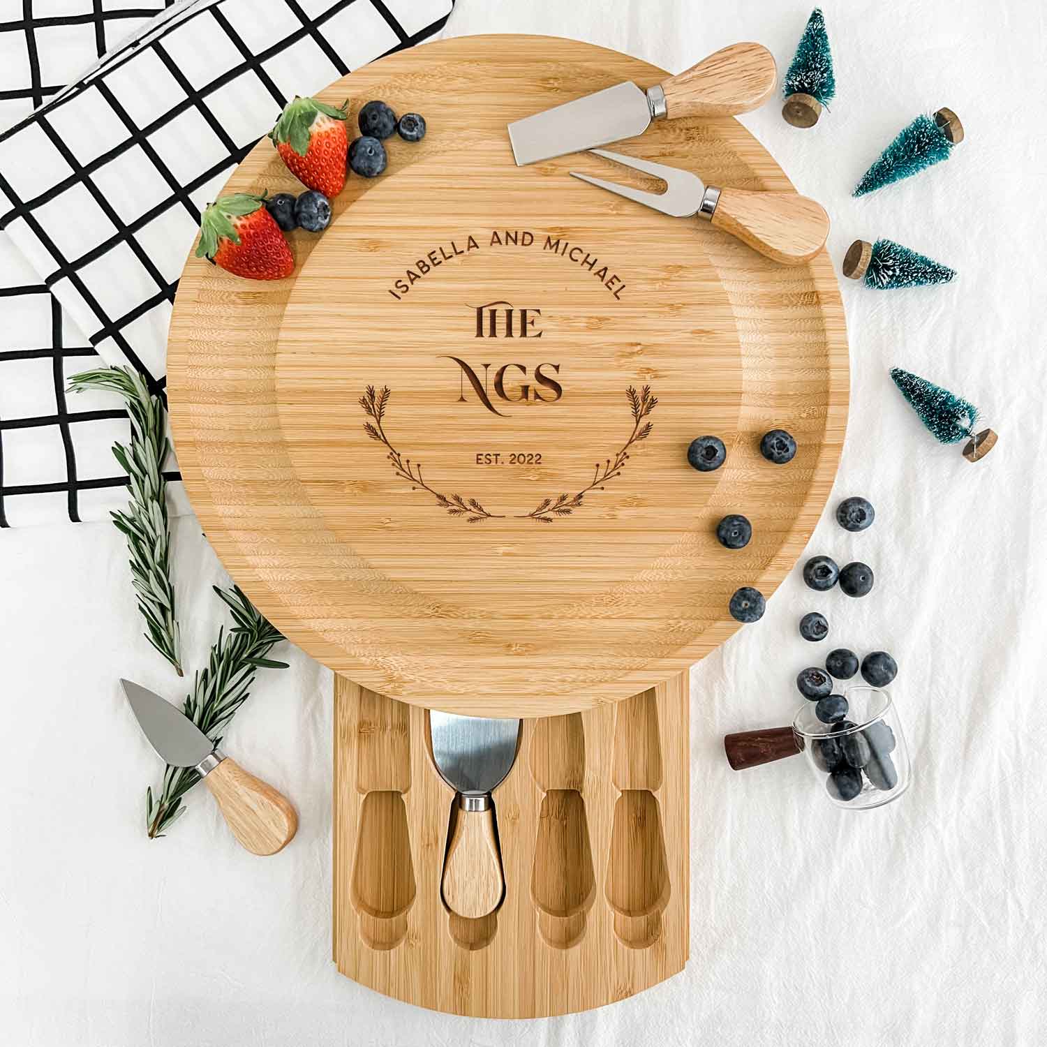[Custom Text Custom Year] Engraved Wooden Round Cheese Board - Half ...