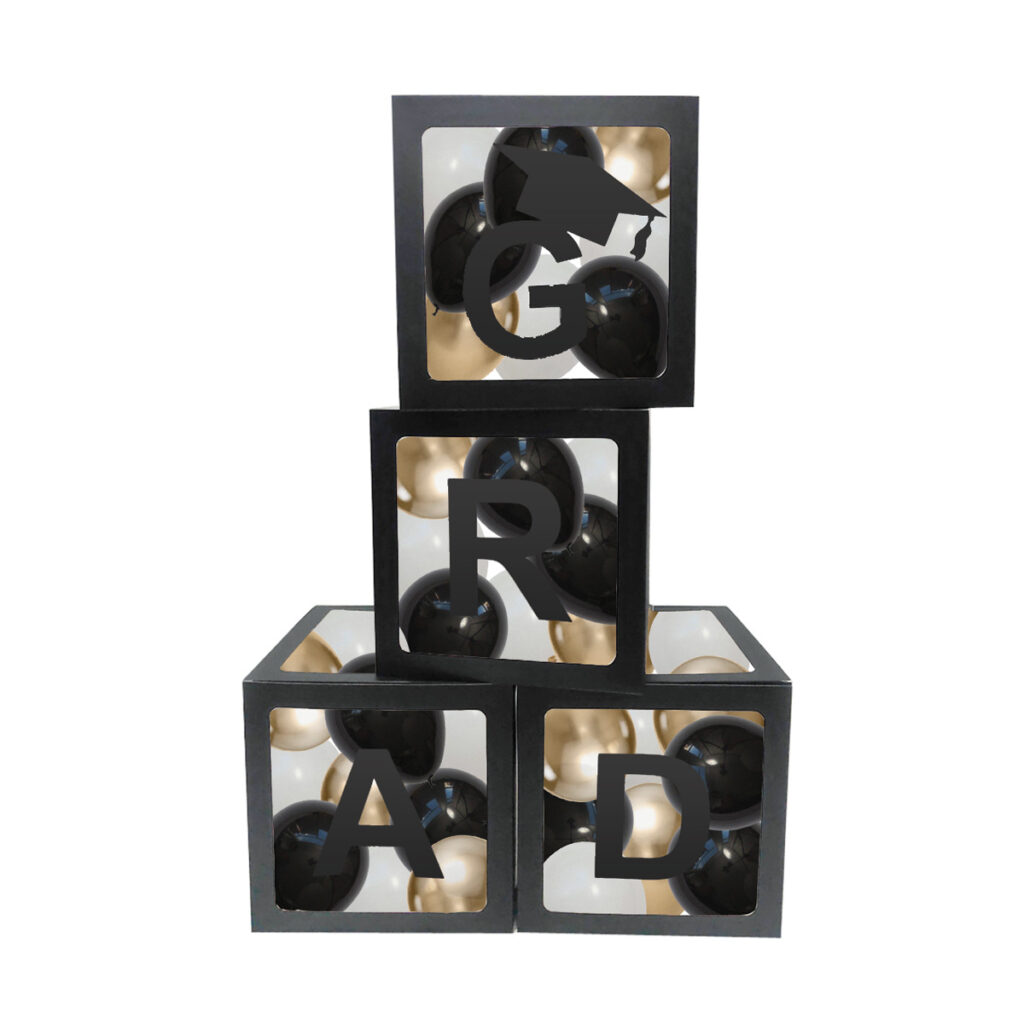 [GRAD] 4 x BLACK Letter Balloon Boxes Set with mini balloons filled