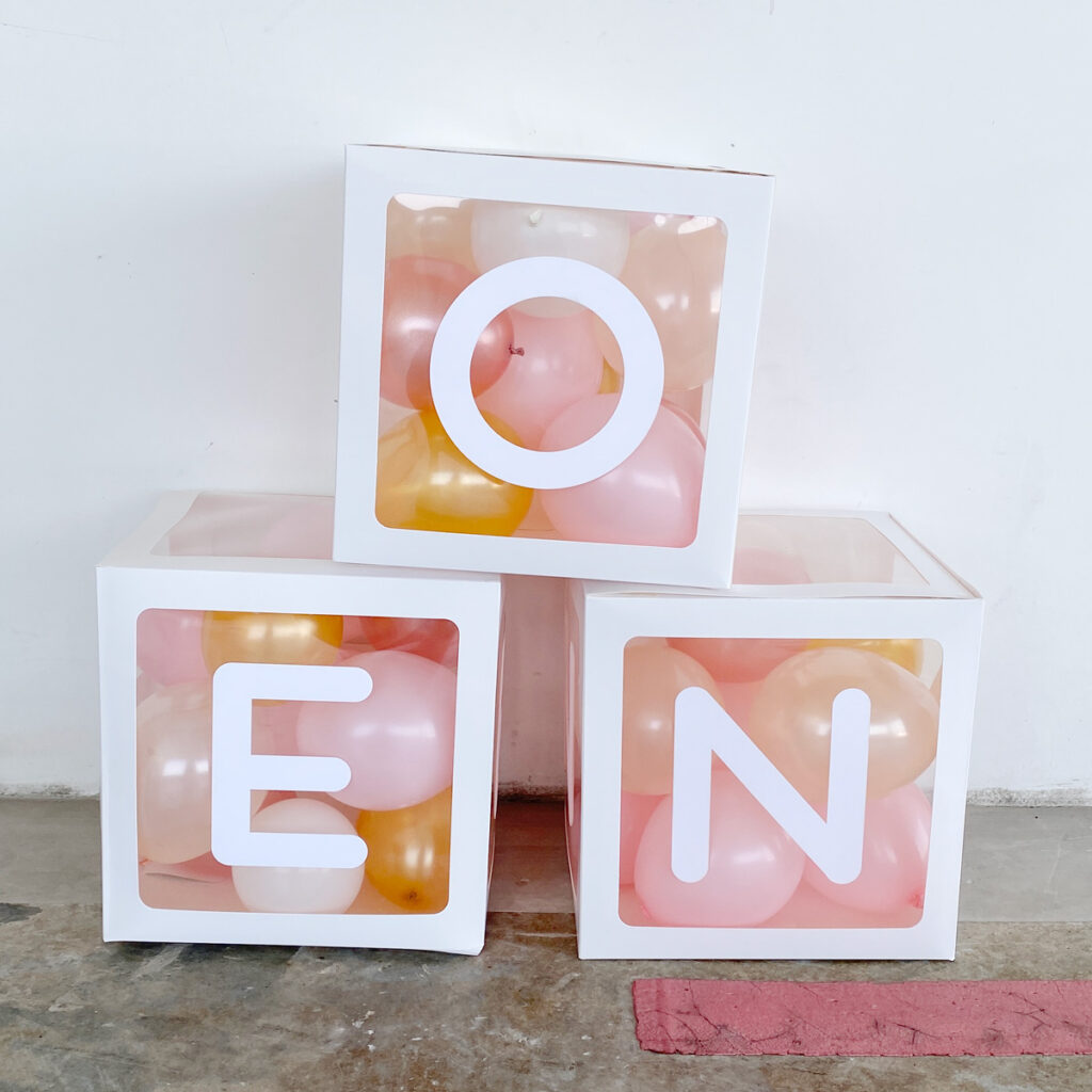[ONE] 3 x White Letter Balloon Boxes Set with mini balloons filled