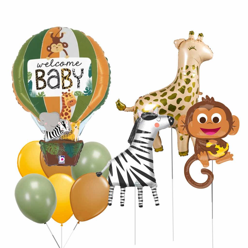 'Jungle Animals Welcome Baby Foil and Latex Helium Balloons Bouquet ...