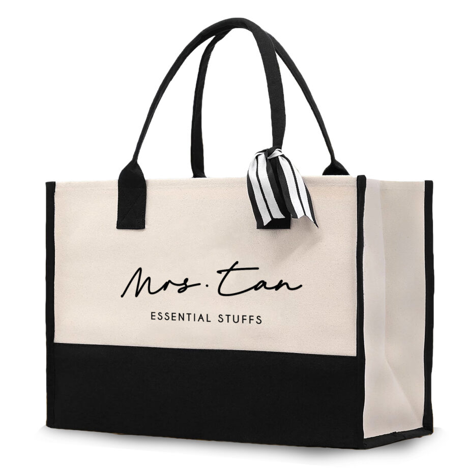 `[Custom Name] Canvas Shopping Tote Bag Black Handle - Signature Font ...