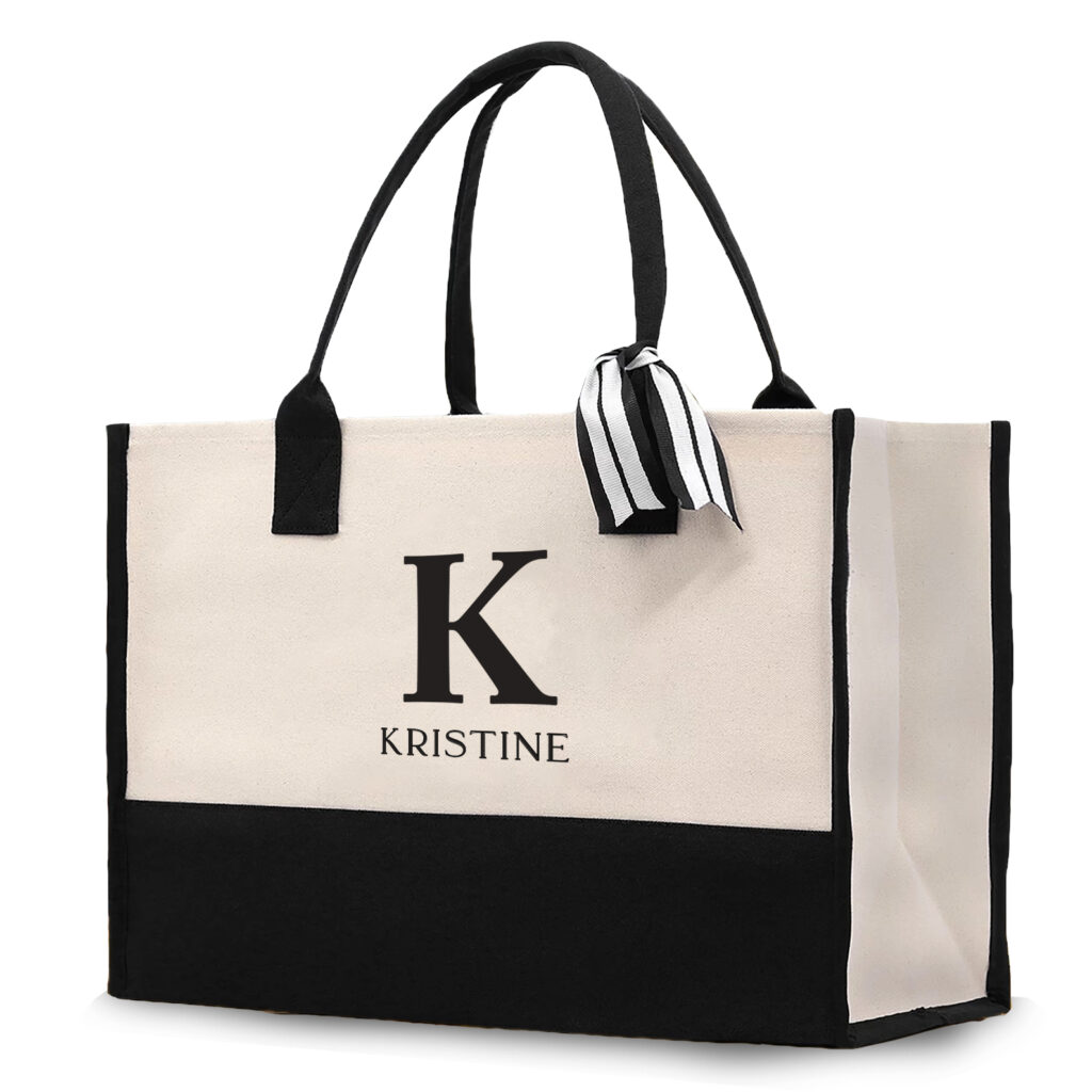 `[Custom Name] Canvas Shopping Tote Bag Black Handle - Monogram Design