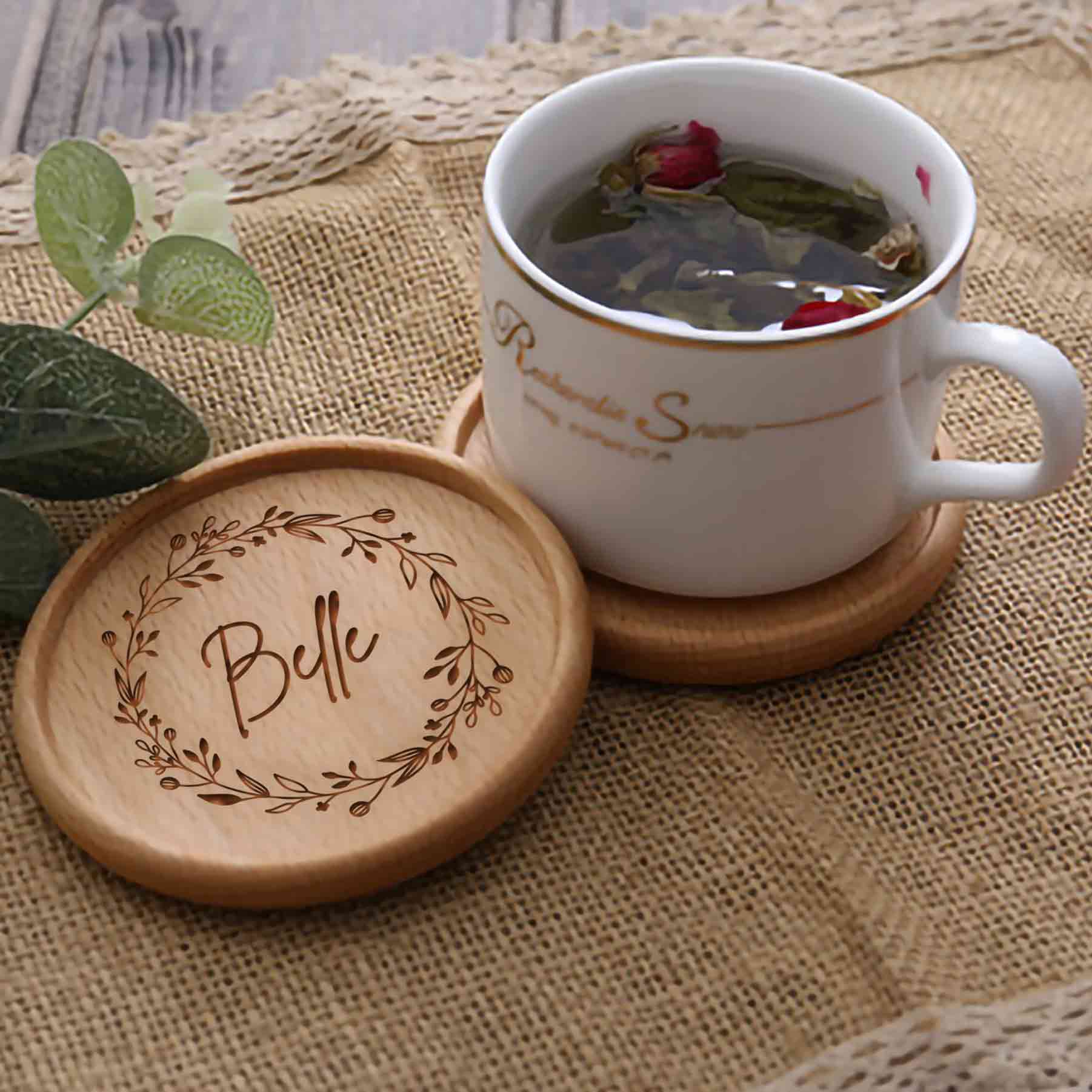 [Personalised Name] Custom Name Engraved Wood Coaster - Pine Round Edge