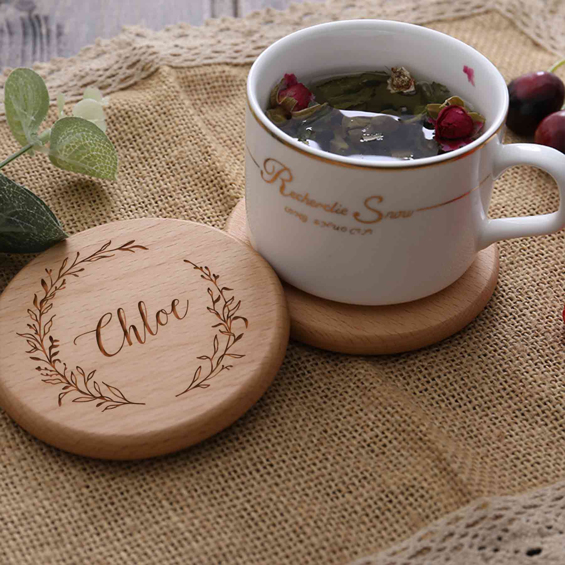 [Personalised Name] Custom Name Engraved Wood Coaster - Pine Round Flat