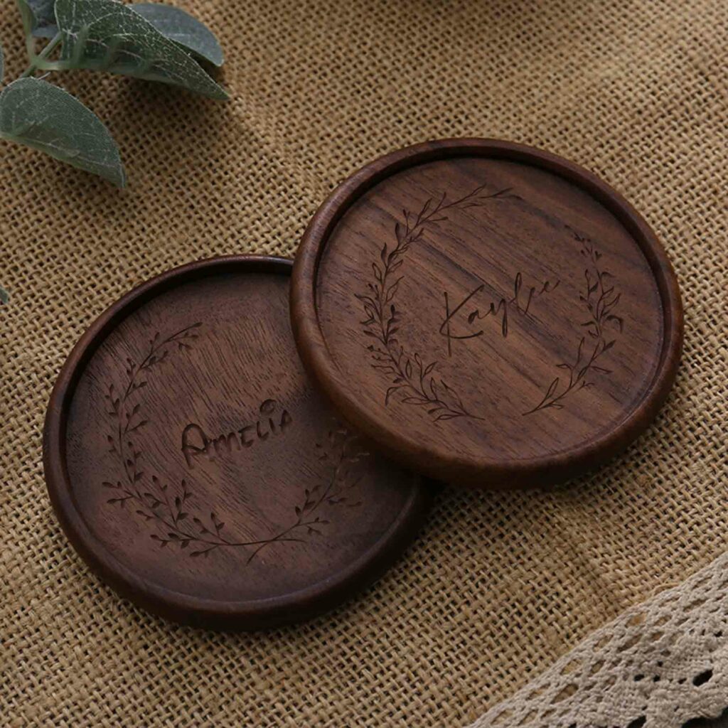 [Personalised Name] Custom Name Engraved Wood Coaster - Walnut Round Edge