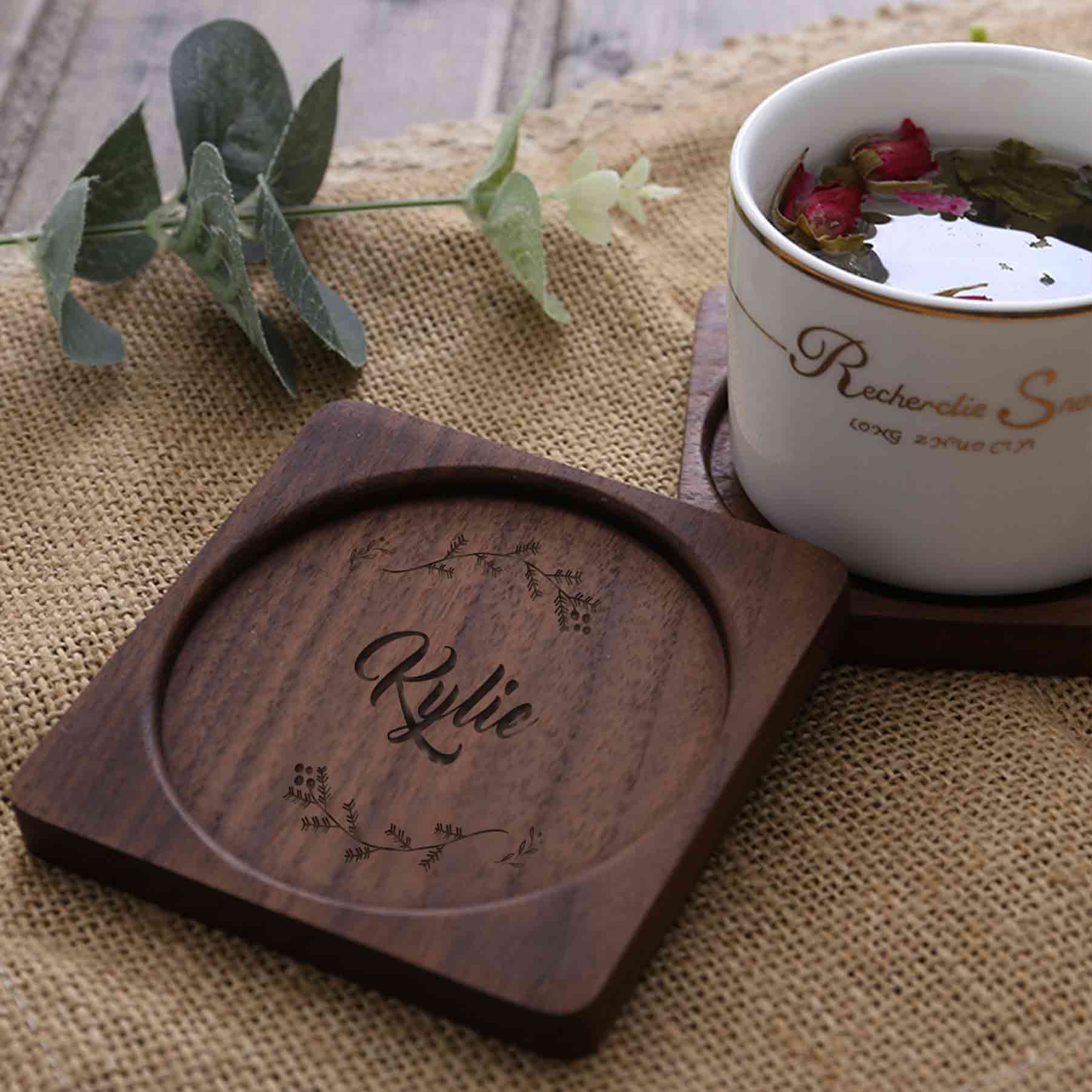 [Personalised Name] Custom Name Engraved Wood Coaster - Walnut Square ...