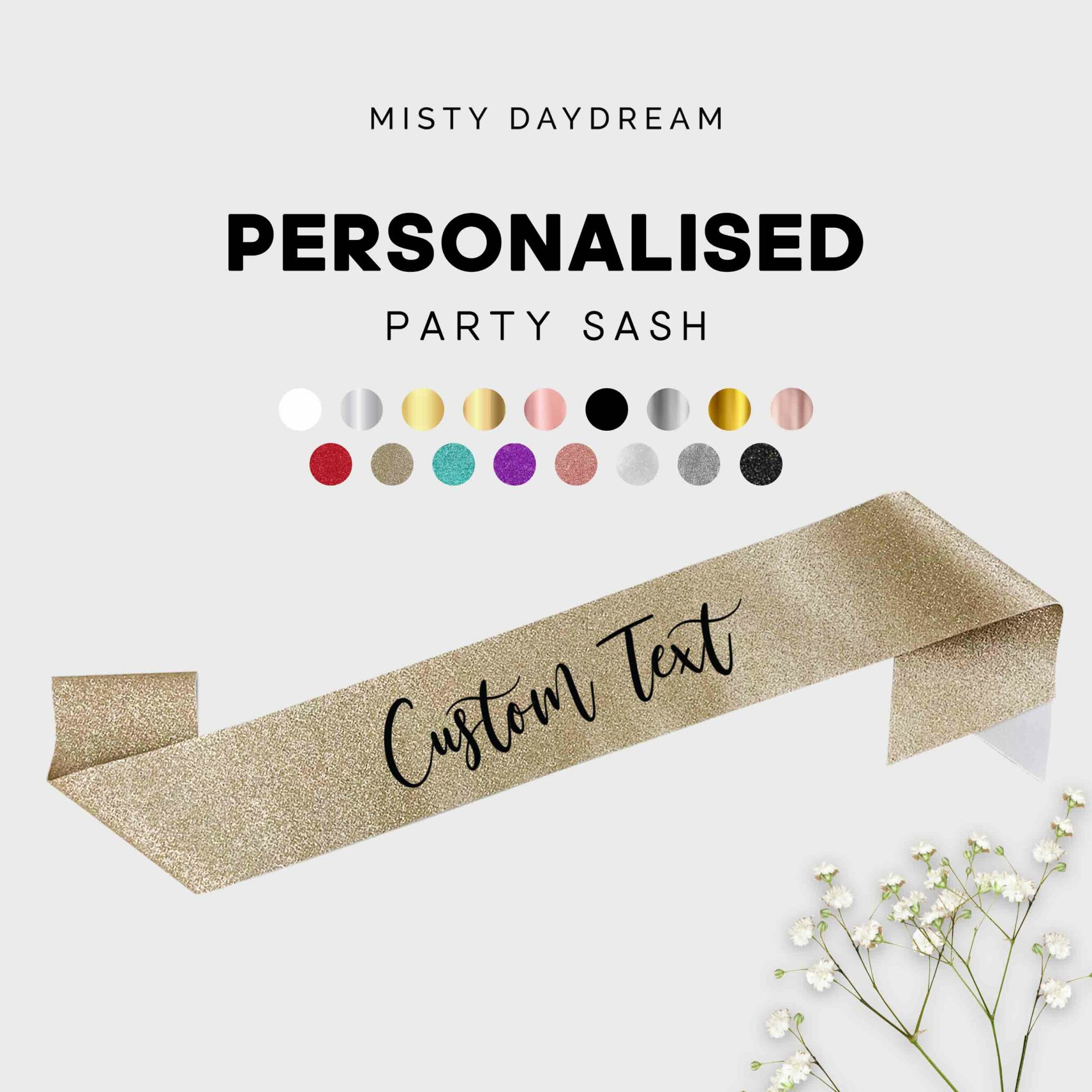 "Personalised Party Sashes with name - Gold Glitter Sash