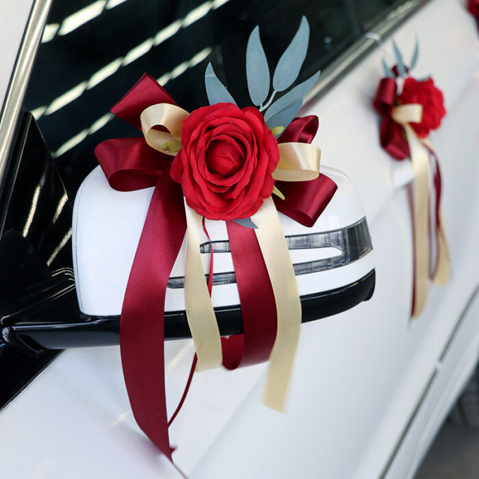 Wedding Car Ribbon, Red Rose with Red Gold Ribbon