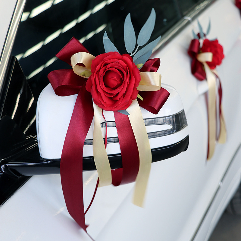 Wedding Car Ribbon, Red Rose with Red Gold Ribbon