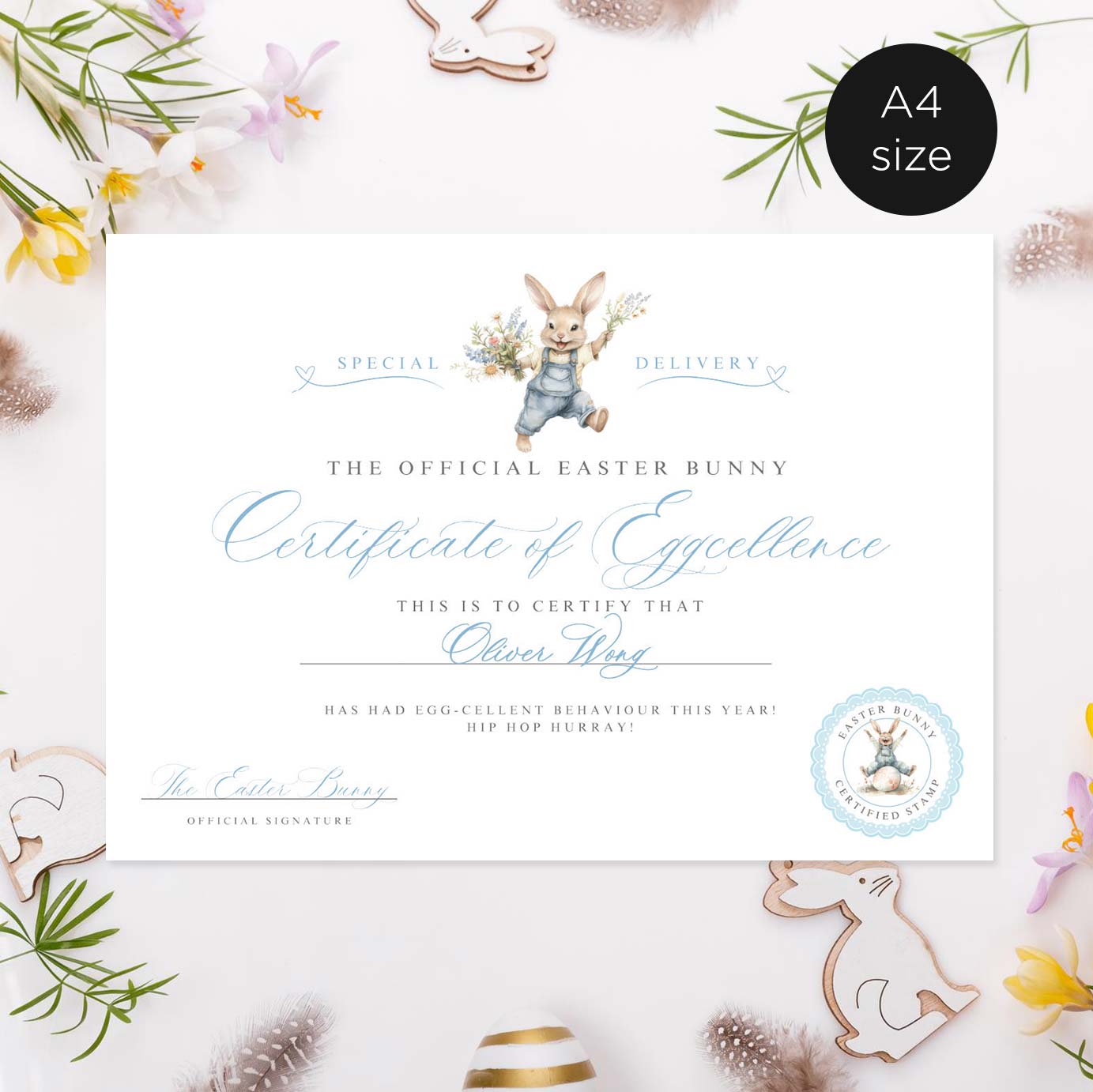 A4 Easter Eggcellence Certificate - Blue Bunny