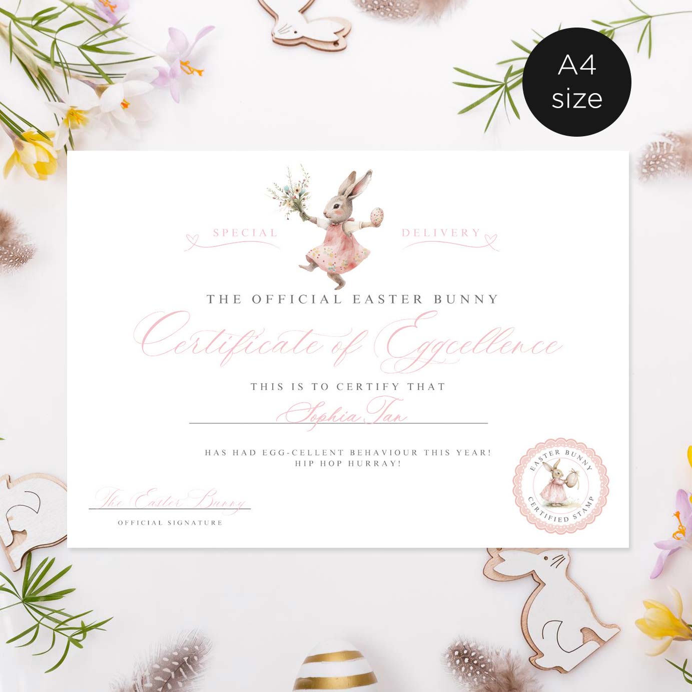 A4 Easter Eggcellence Certificate - Pink Bunny