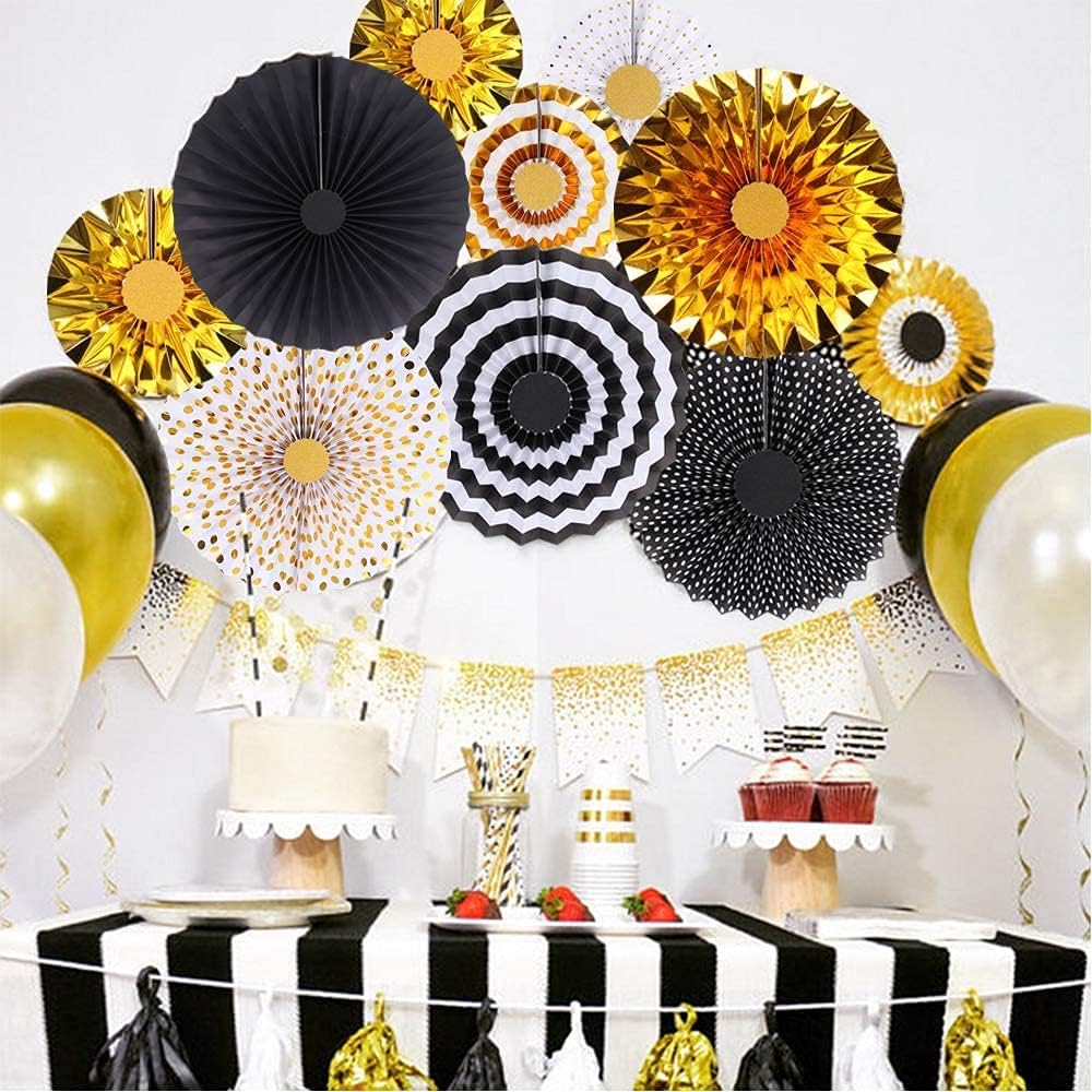 * Party Fans Pattern Black and Metallic Gold Set of 8, Backdrop Rosettes