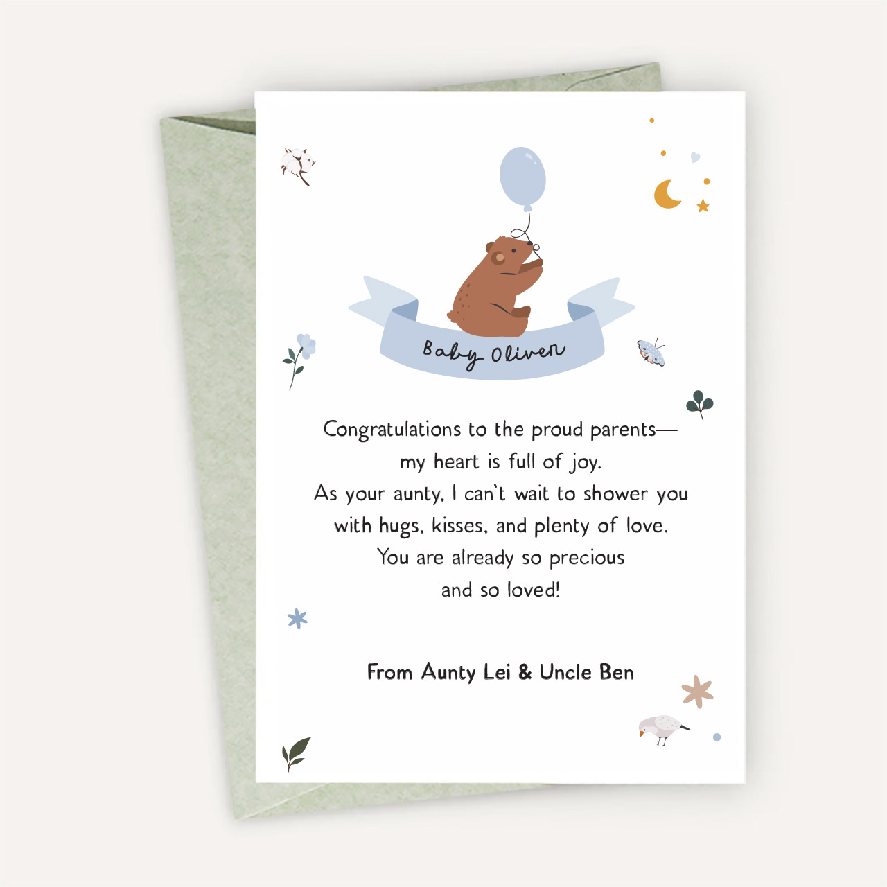 Baby Gift Card - Celebration Bear in Blue Design