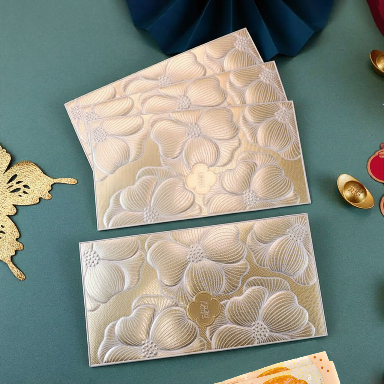 [Premium] Blooming Flowers 3d Red Envelopes (Set of 6) - Champagne Gold